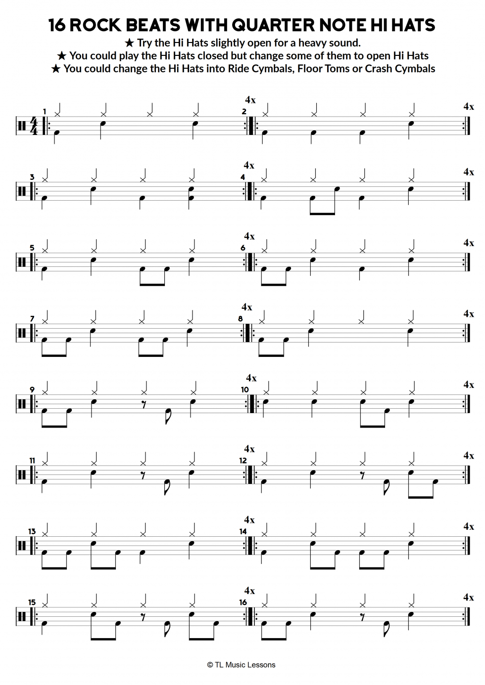 16 Rock Beats with Quarter Note Hi Hats – Learn Drums For Free